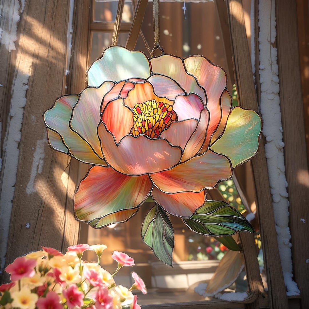 Peony Acrylic Suncatcher, Birth Flower Faux Stained Glass Window ...