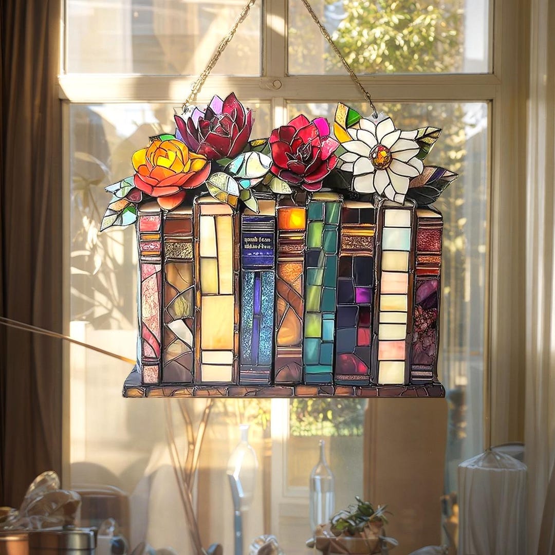 Books & Blooms Suncatcher - Stained Glass Effect Acrylic Window Hanging ...