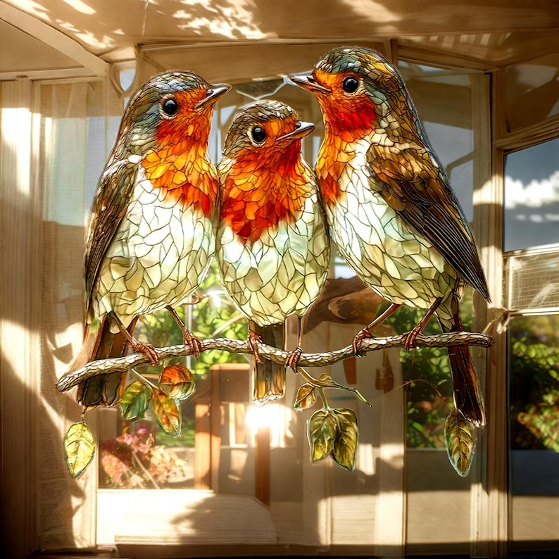 Robin Bird Suncatcher - Stained Glass Effect Acrylic Window Hanging ...