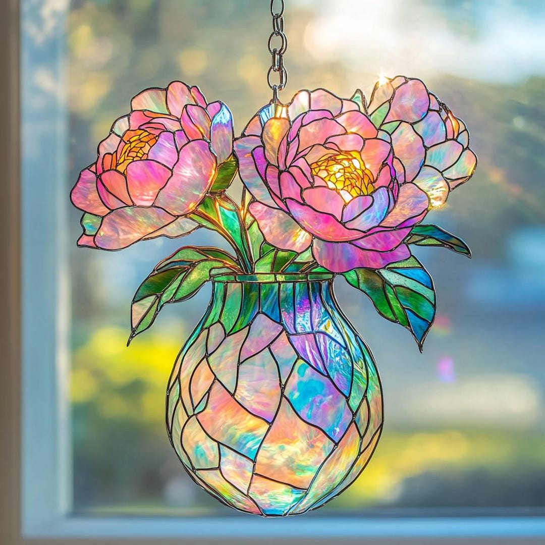 Pastel Peony Vase Stained Glass Suncatcher - Pink Floral Window Hanging ...