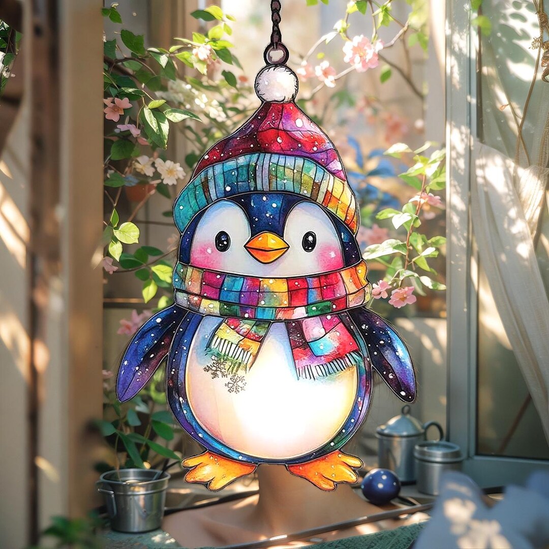 Christmas Penguin Suncatcher Ornament, Acrylic Window Hanging, Winter ...