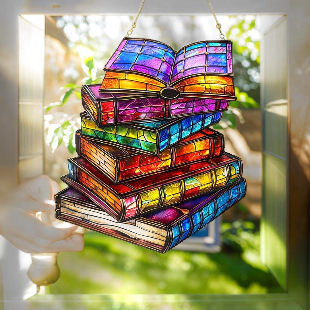 Rainbow Books Suncatcher - Stained Glass Effect Acrylic Window Hanging ...