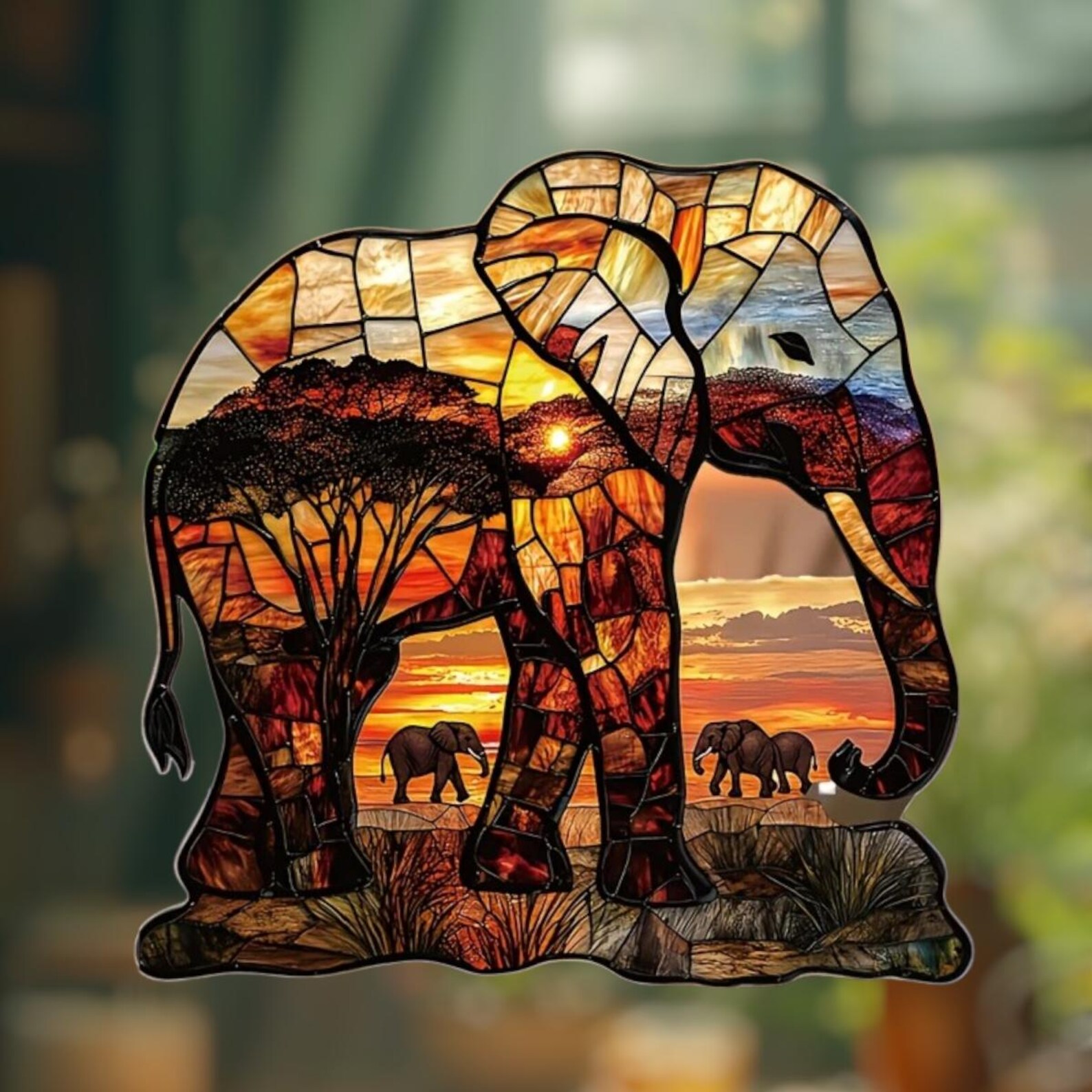 Elephant Safari Acrylic Suncatcher - Faux Stained Glass Wildlife Window ...