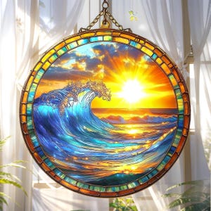 Ocean Wave Stained Glass Acrylic Suncatcher Round Window Hanging With ...
