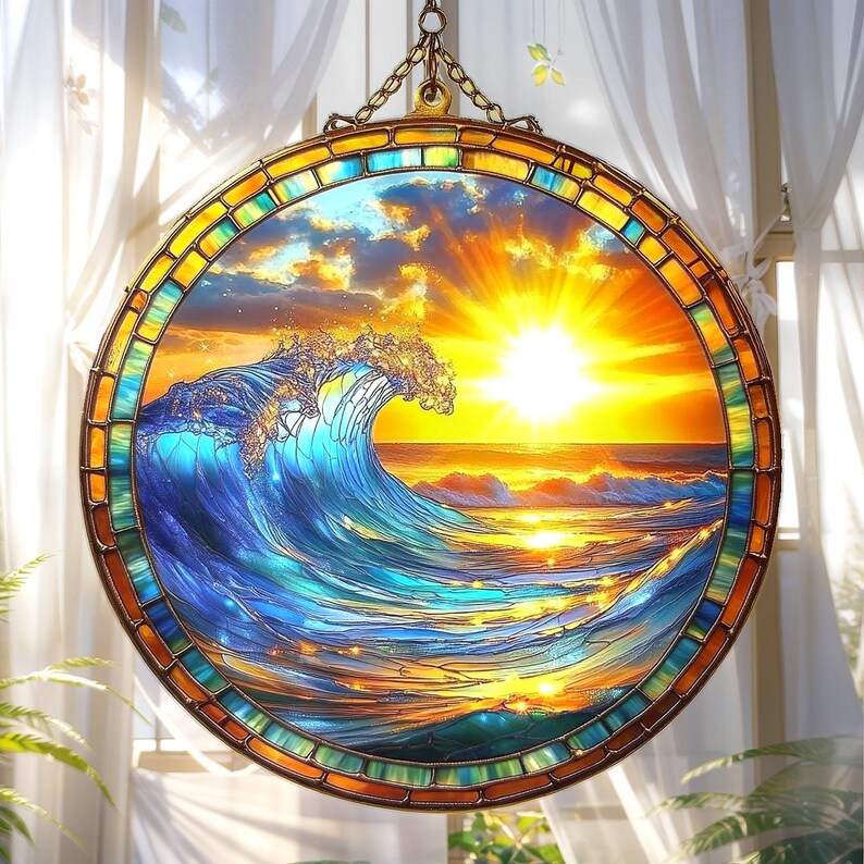 Ocean Wave Stained Glass Acrylic Suncatcher Round Window Hanging With ...