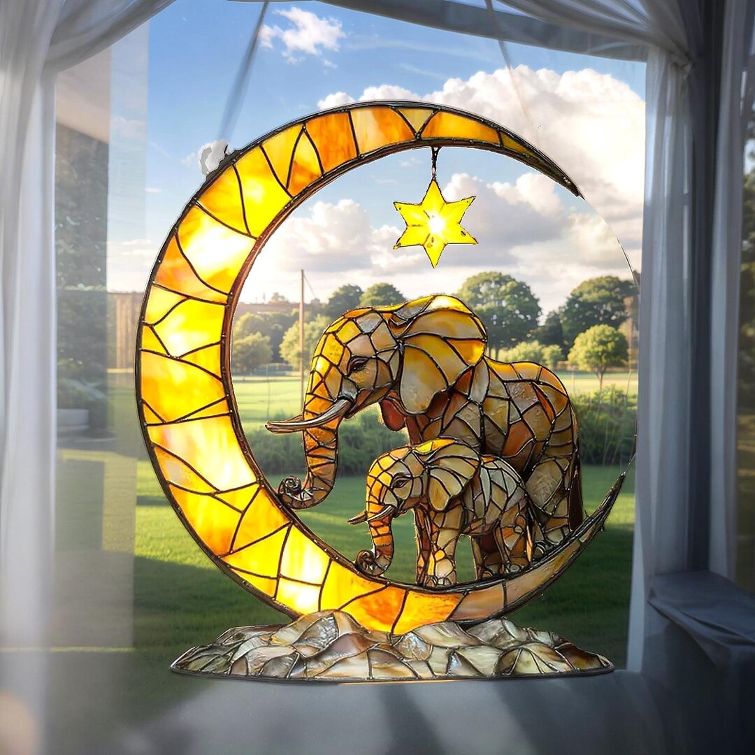 Elephant & Moon Suncatcher - Stained Glass Effect Acrylic Window ...