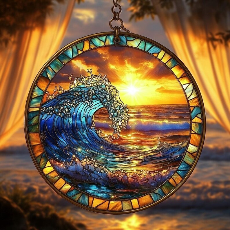 Ocean Wave Stained Glass Acrylic Suncatcher Round Window Hanging With ...