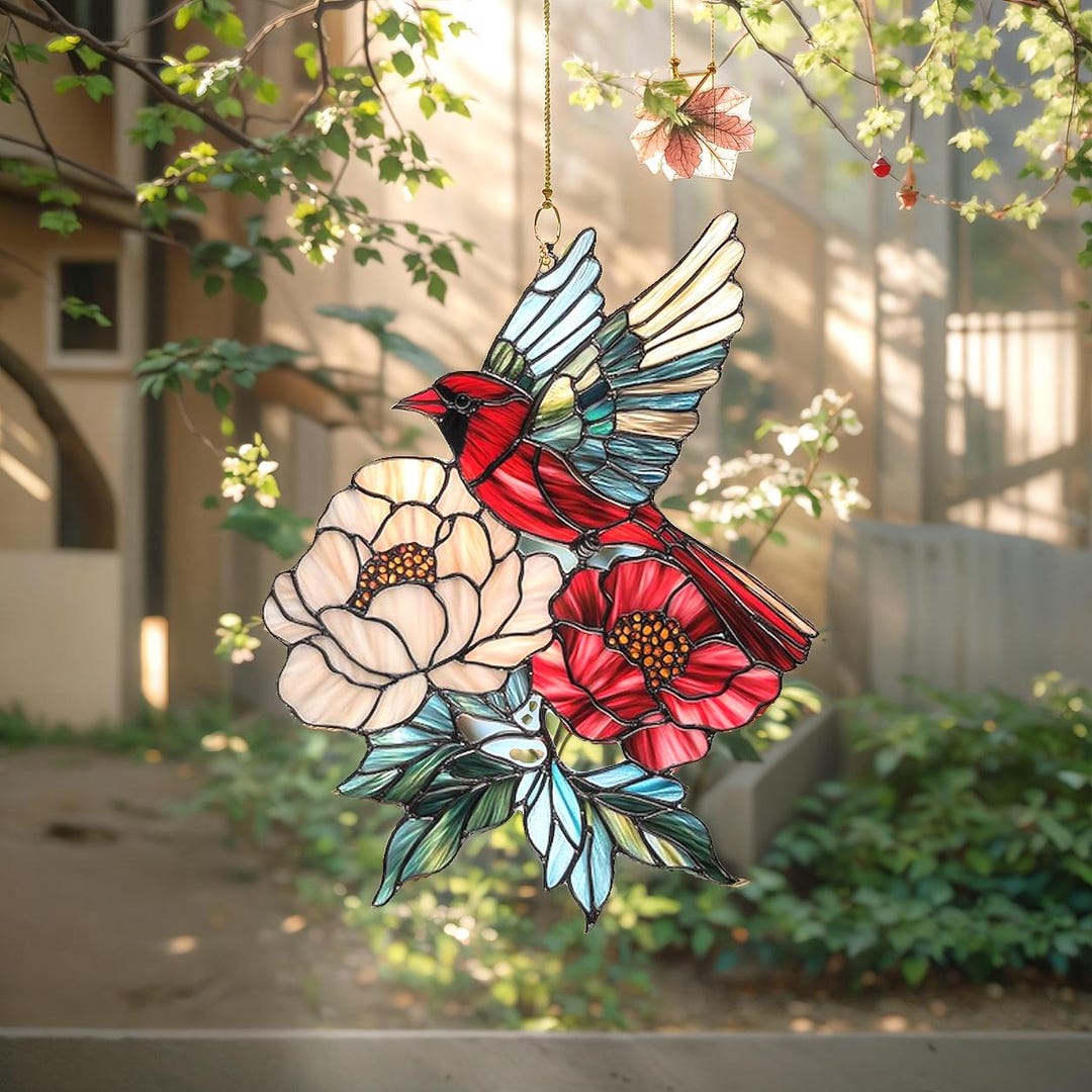 Red Cardinal and Poppy Flower Suncatcher, Acrylic Window Hanging, Bird ...