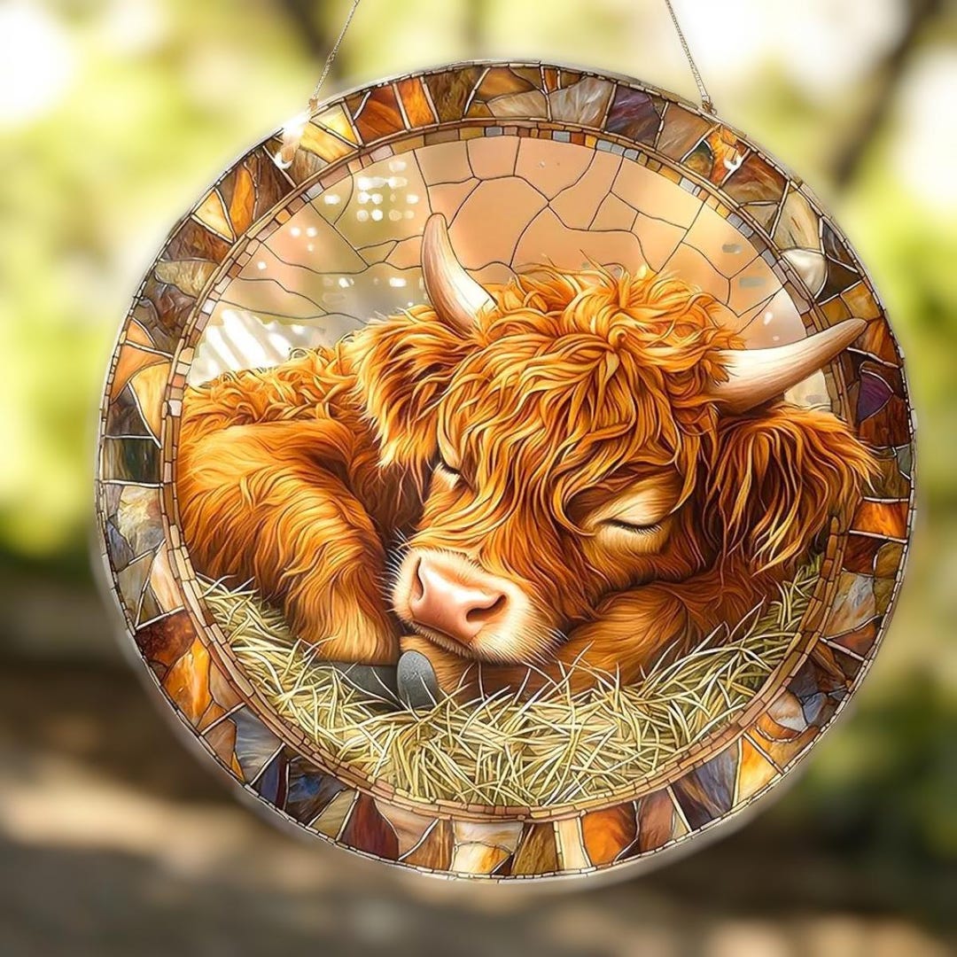 Highland Cow Suncatcher - Faux Stained Glass Window Hanging - Cozy Calf ...