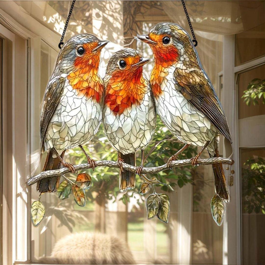 Robin Bird Suncatcher - Stained Glass Effect Acrylic Window Hanging ...