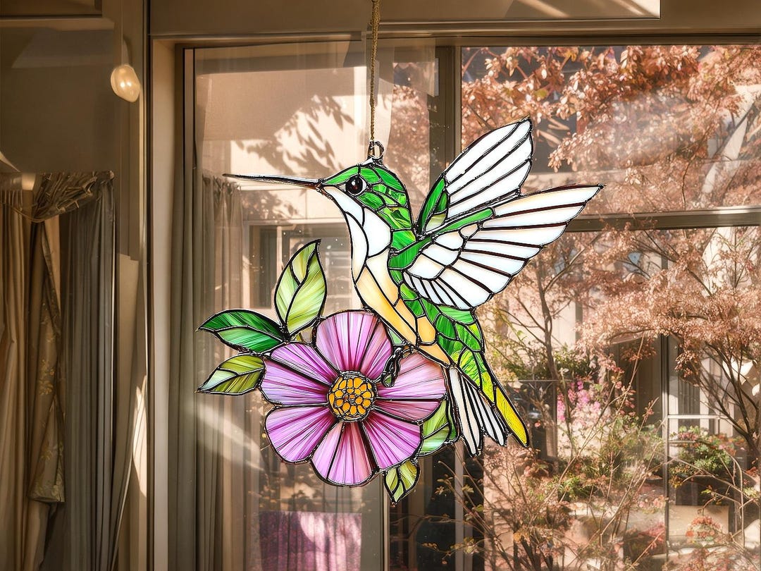 Hummingbird Acrylic Suncatcher, Hummingbird Among Flowers Window ...