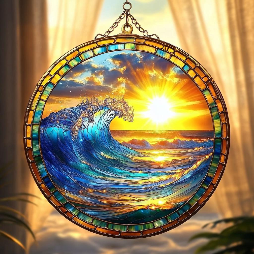 Ocean Wave Stained Glass Acrylic Suncatcher Round Window Hanging With ...