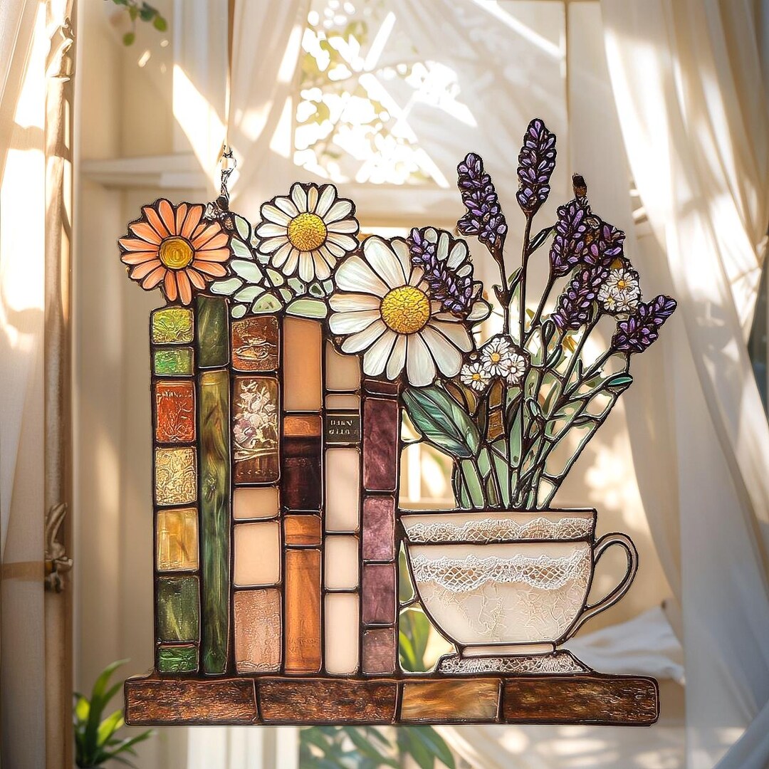 Book and Blossom Teacup Suncatcher - Vintage Floral Acrylic Window ...