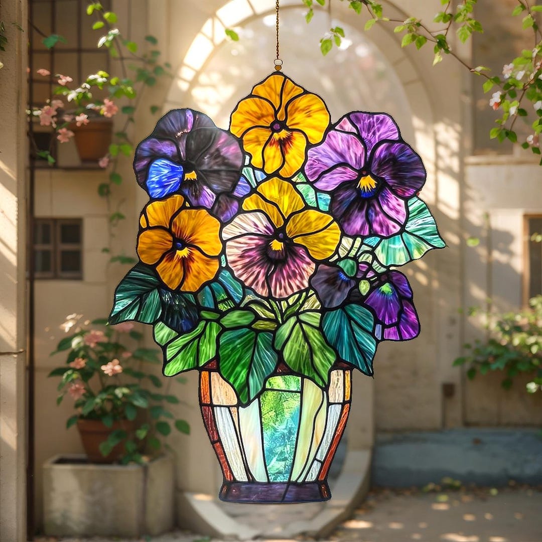 Pansy Flowers Suncatcher, Acrylic Window Hanging Art, Monstera Plant ...