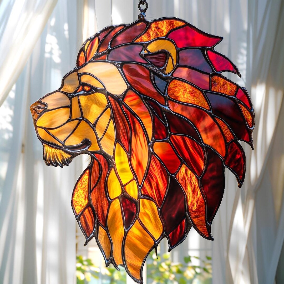 Lion Head Acrylic Suncatcher - Geometric Stained Glass Style Window ...