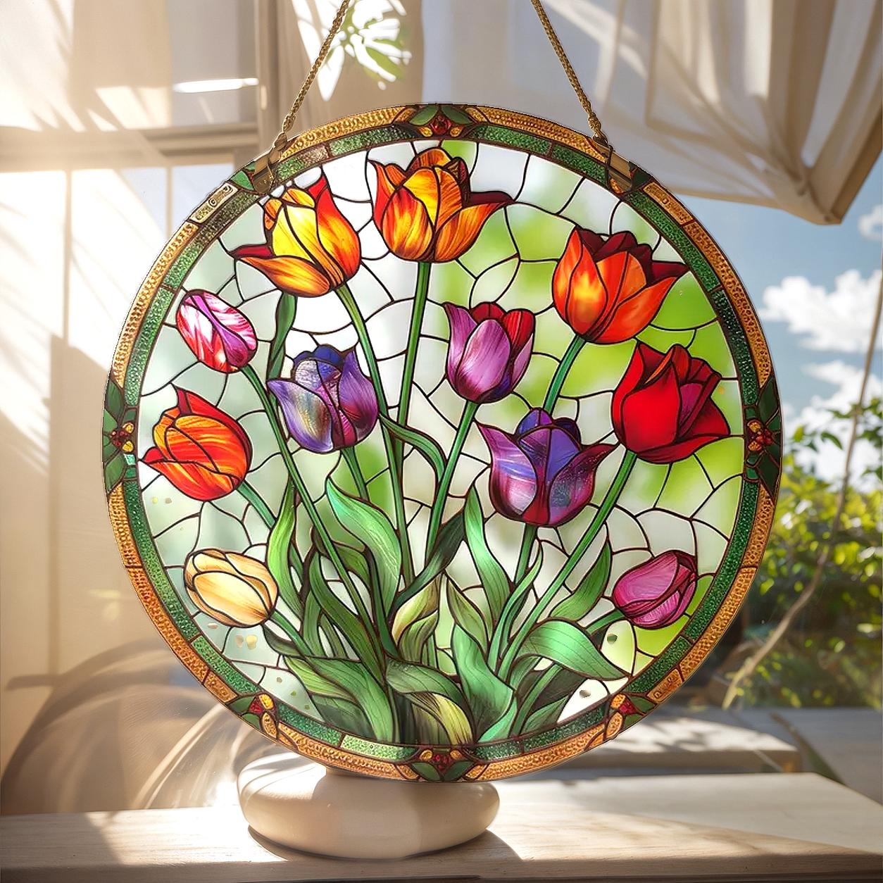 Tulip Suncatcher - Stained Glass Effect Acrylic Window Hanging - Floral ...
