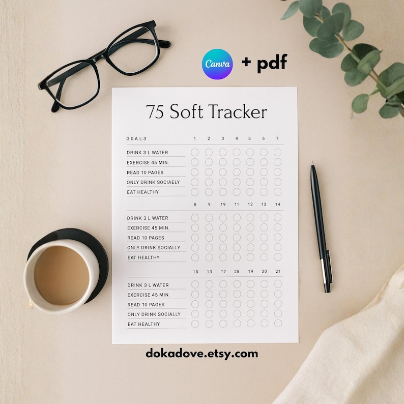 75 Soft Challenge | Printable Habit Tracker + Canva Template | Wellness ...