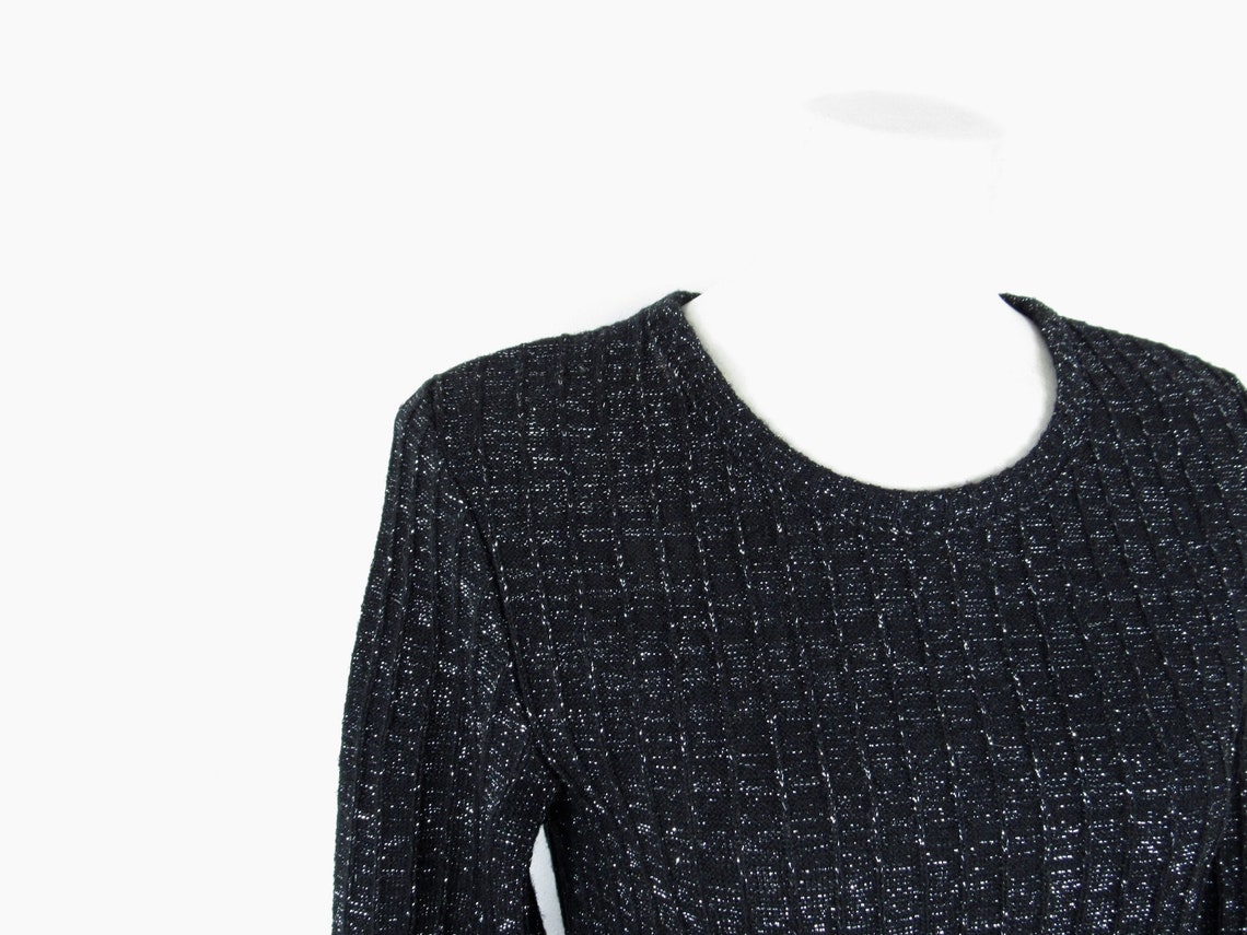 Vintage 1970s Black & Silver Metallic Thread Sweater/ Glam Disco Ribbed ...