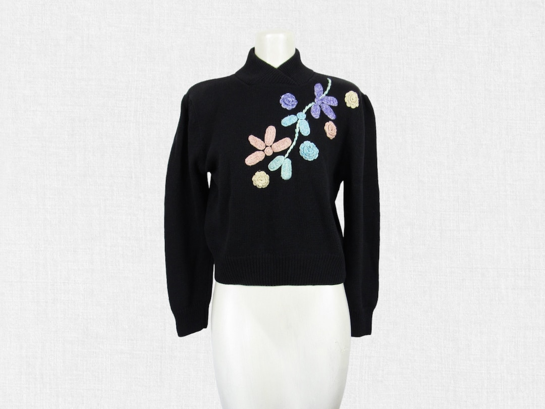 Vintage Gitano Embellished Sweater Mock Neck Collar / Black W/ Pastel ...