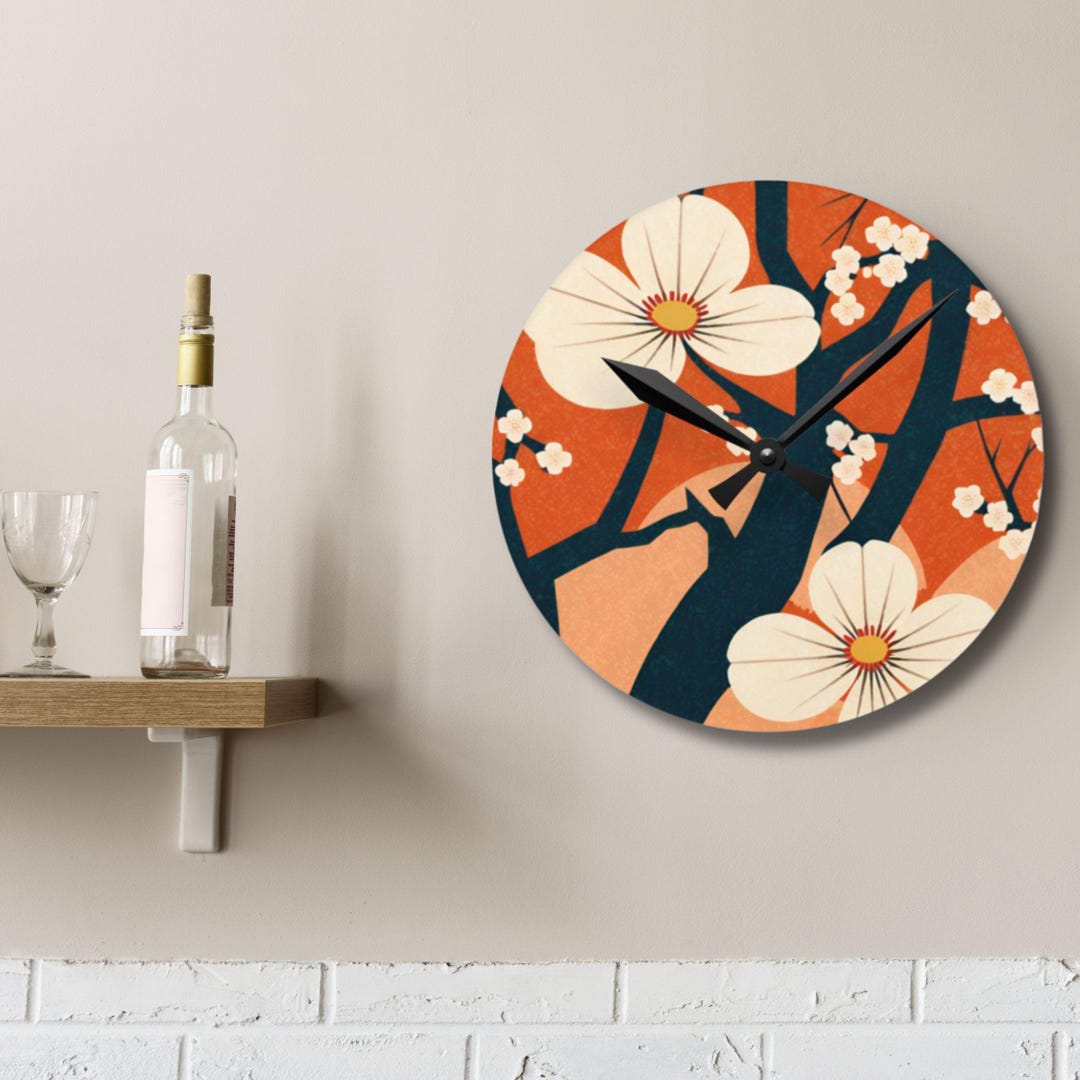 Japandi Botanical Wall Clock | Minimalist Cherry Blossom Kitchen Wall ...