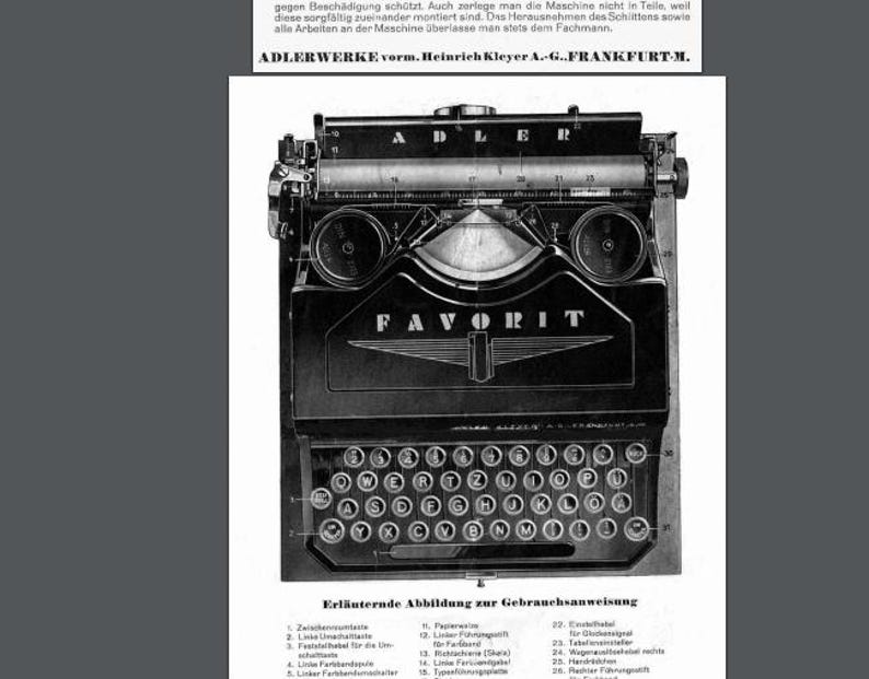 Adler Favorit Typewriter Manual PDF Digital Download German Language - Etsy