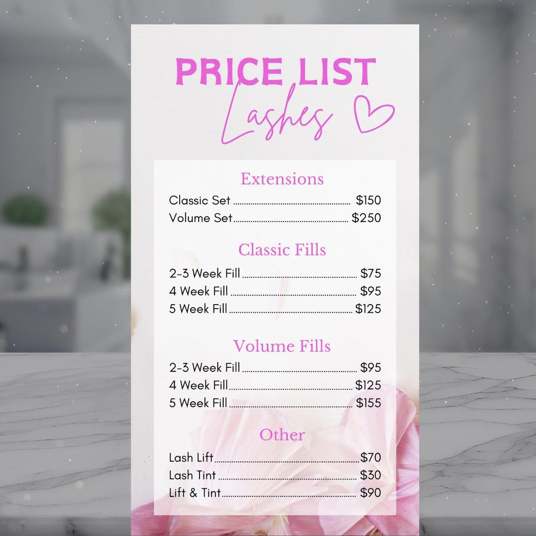 Lash Extension Price List Template | Editable Salon Services Menu ...