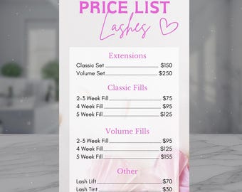 Editable Eyelash Extension Price List Template | Lash Salon Pricing ...