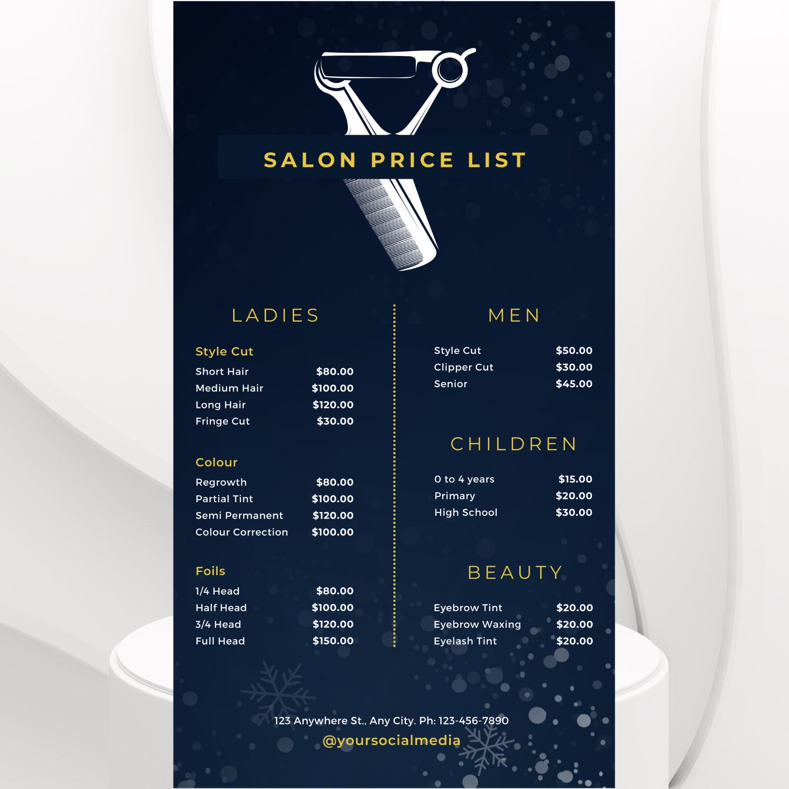 Hair Salon Price List Template | Editable Barber Services Menu ...