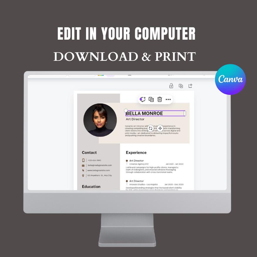 Editable Resume Template Canva | Professional CV With Photo | Modern ...