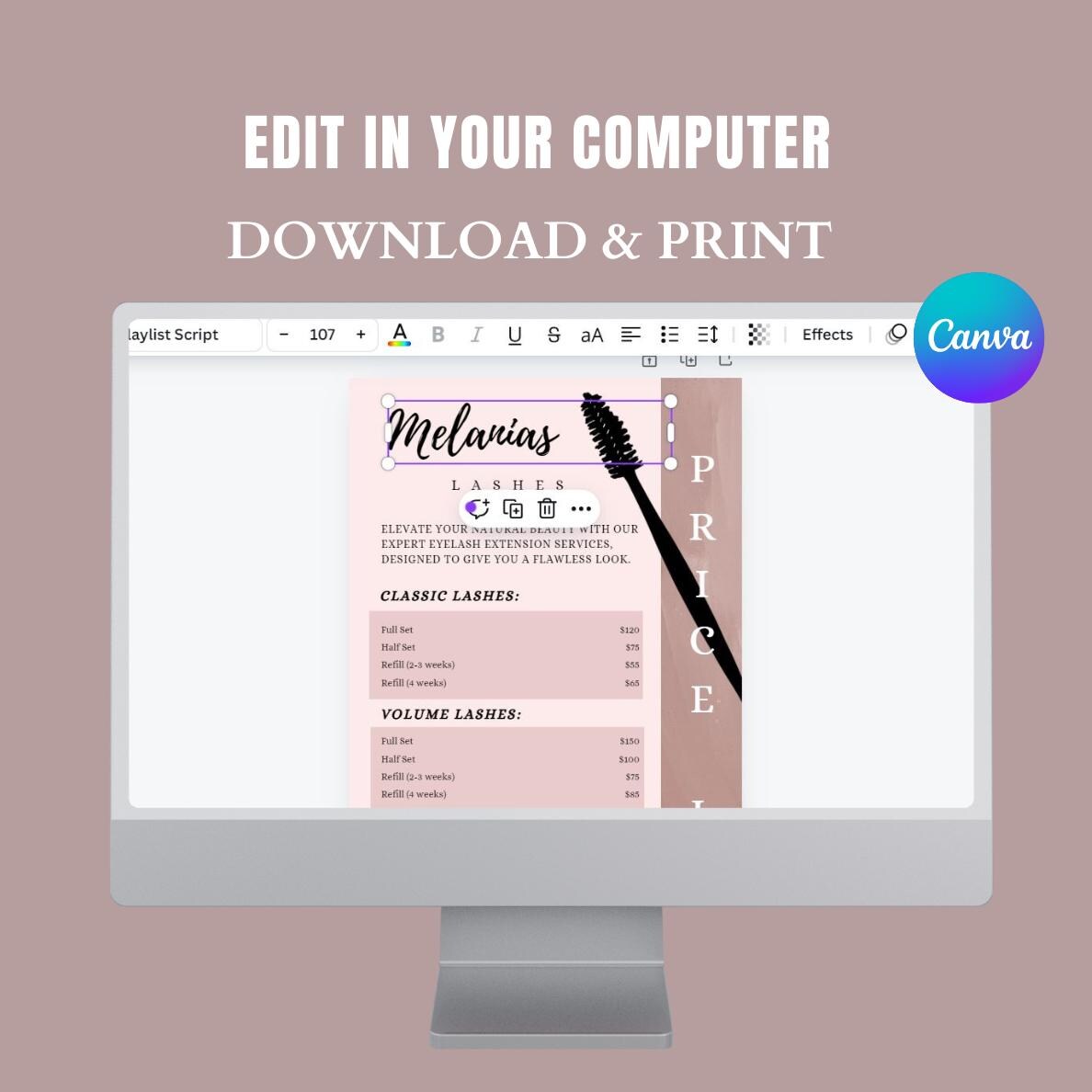 Editable Eyelash Extension Price List: Lash Salon Menu (canva Template ...