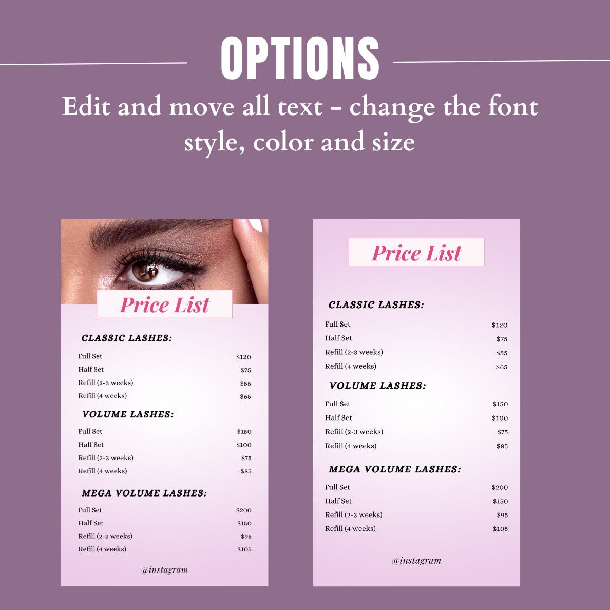 Eyelash Price List Template | Eyelash Extension Lash | Salon Pricing ...