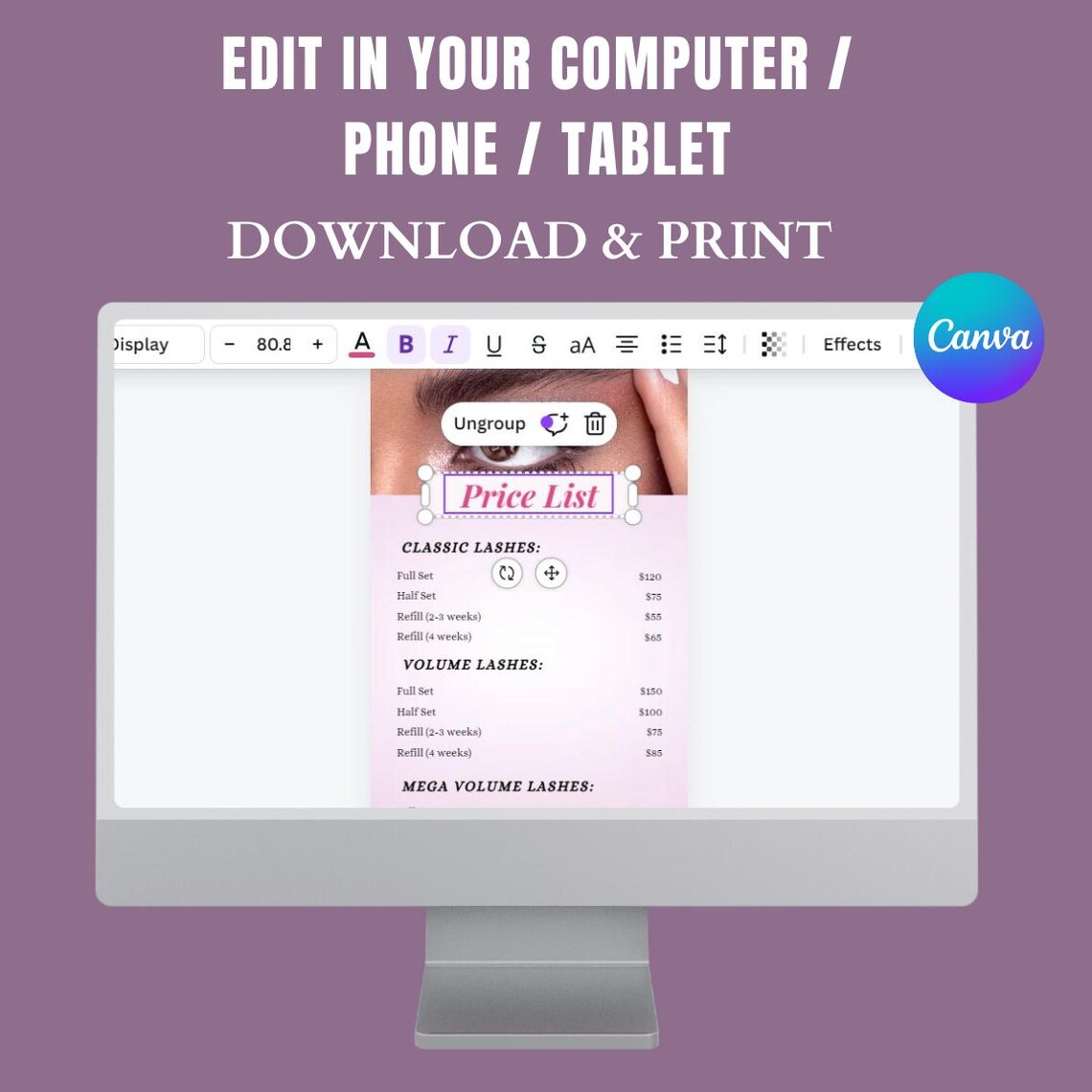 Eyelash Price List Template | Eyelash Extension Lash | Salon Pricing ...