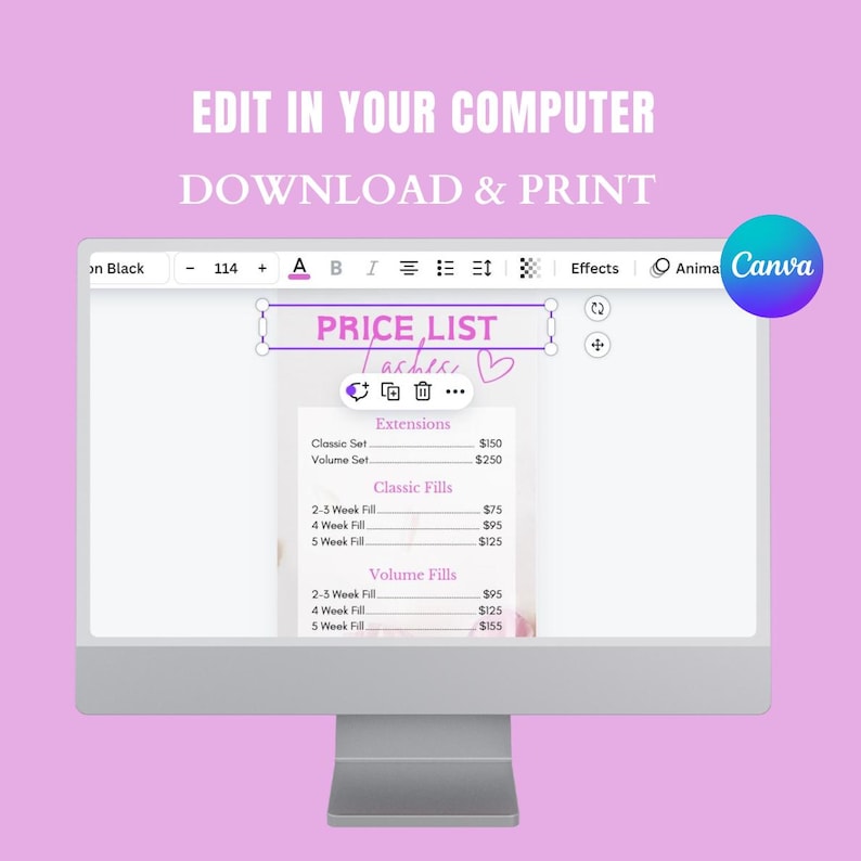 Lash Extension Price List Template | Editable Salon Services Menu ...