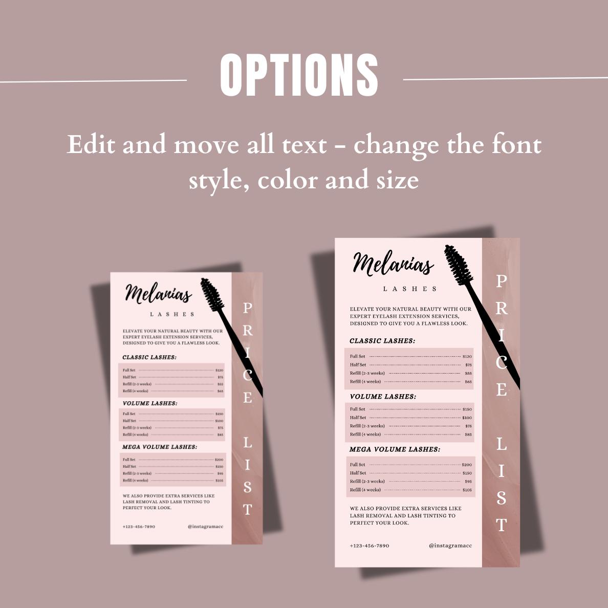 Editable Eyelash Extension Price List: Lash Salon Menu (canva Template ...