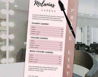 Lash Extension Price List Template | Editable Salon Services Menu ...