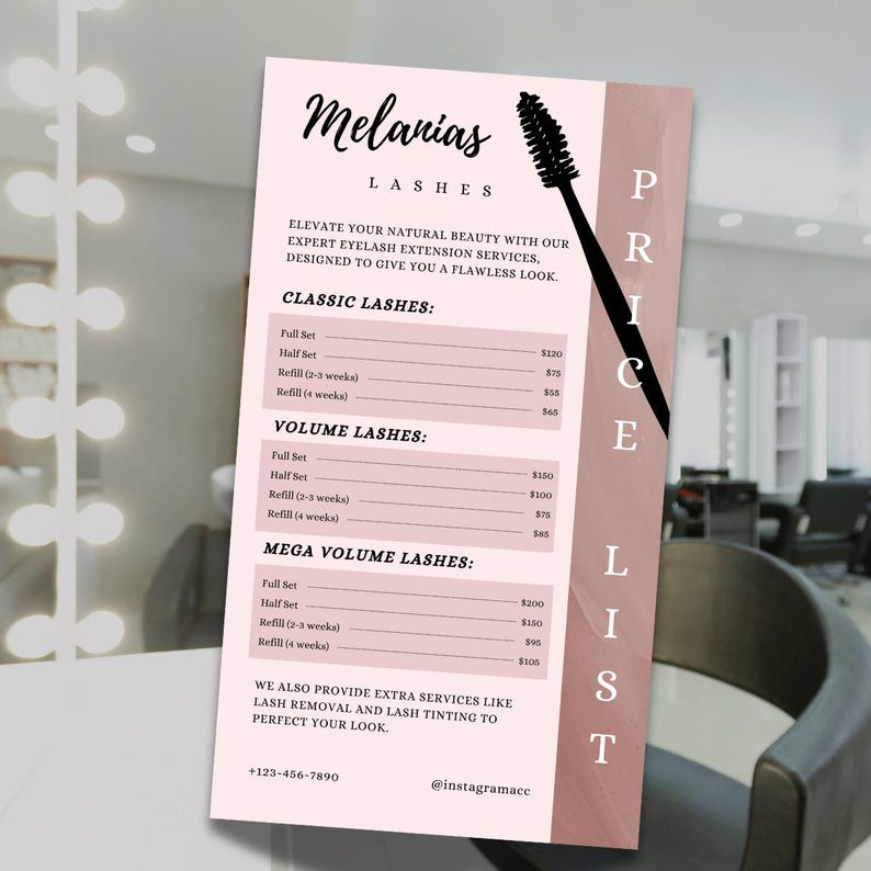 Editable Eyelash Extension Price List: Lash Salon Menu (canva Template ...