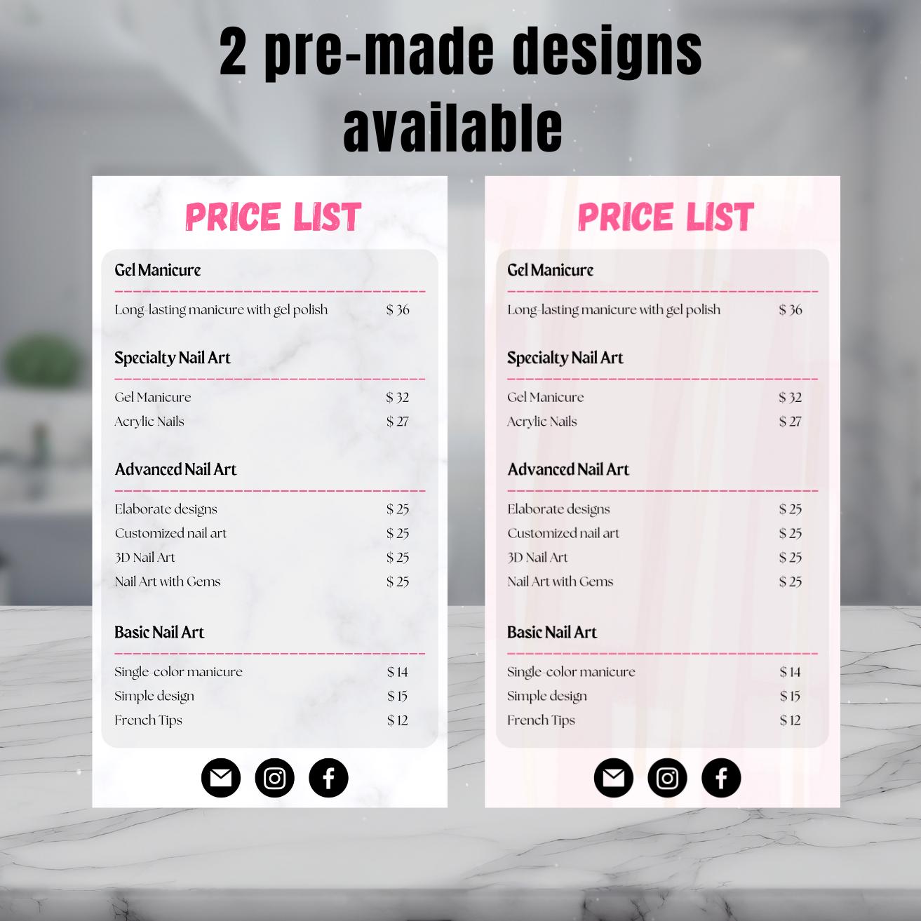 Nail Salon Price List Editable | Printable Price List | Modern Beauty ...