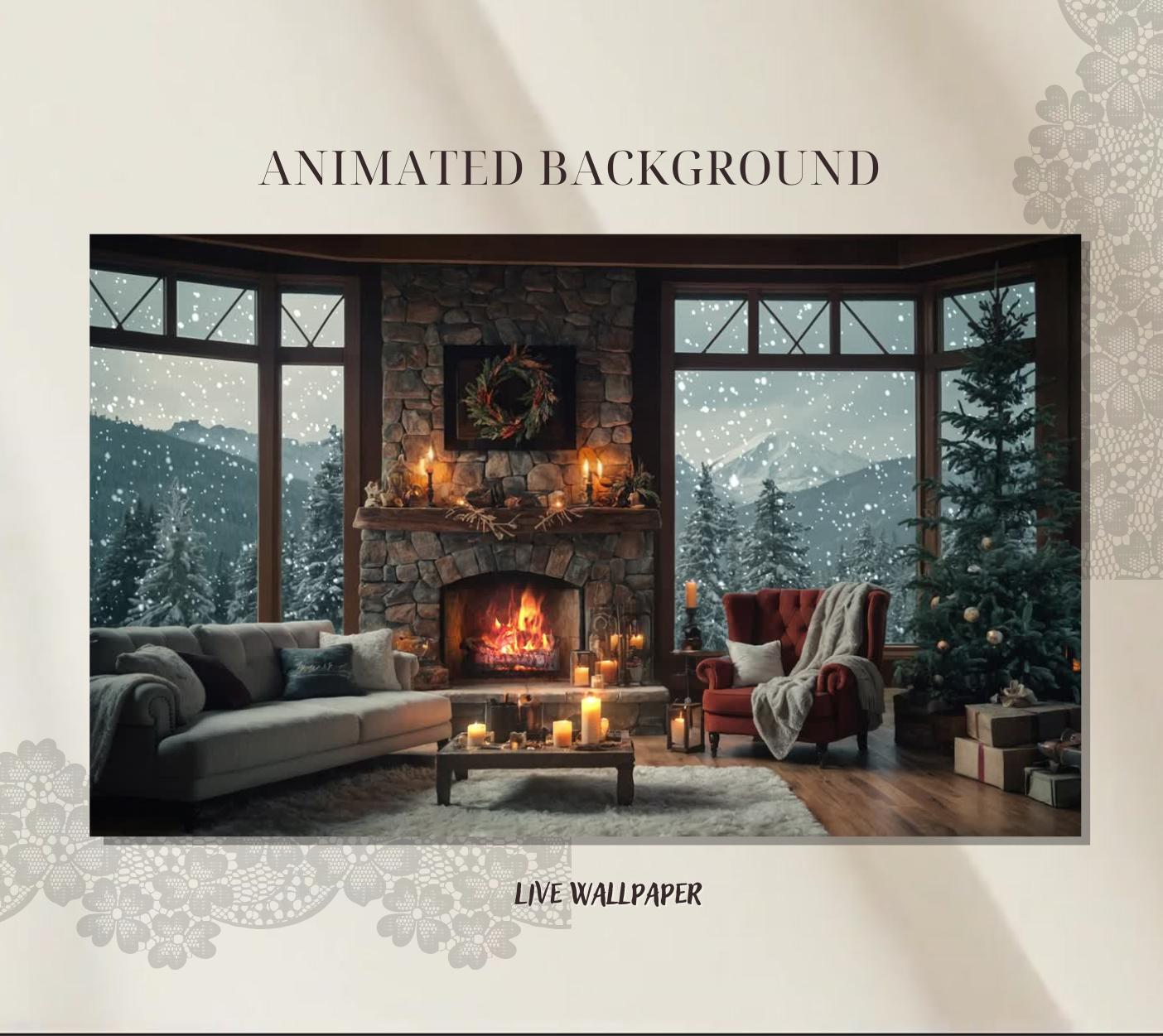 Winter Mountain Cozy Room Animated Background With Christmas Tree and ...