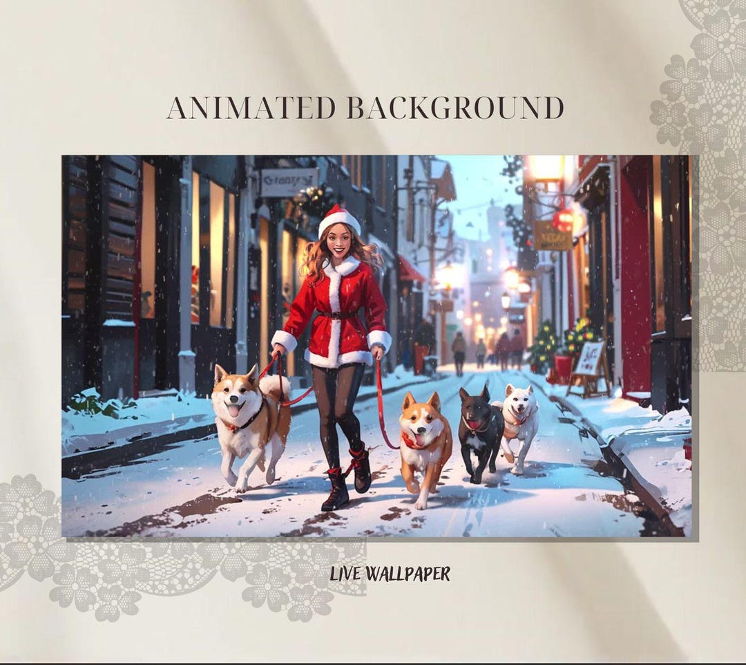 Snowy Cozy Lane Animated Background | Girl With Dogs | Santa | Live ...