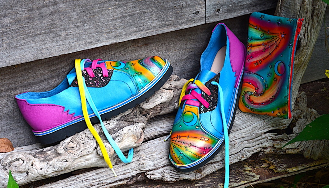 Handmade Custom Leather Shoes THIS SET Cosmic Sunrise. Golds, Yellows ...