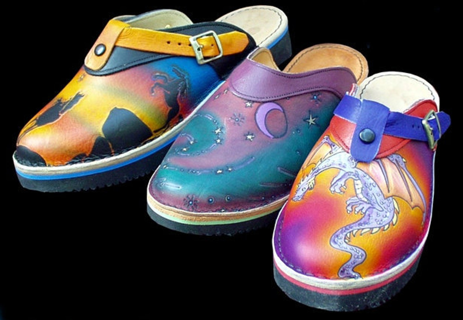 Handmade Custom Leather Sling Back Clogs Shoes Galloping Horses & Moon ...