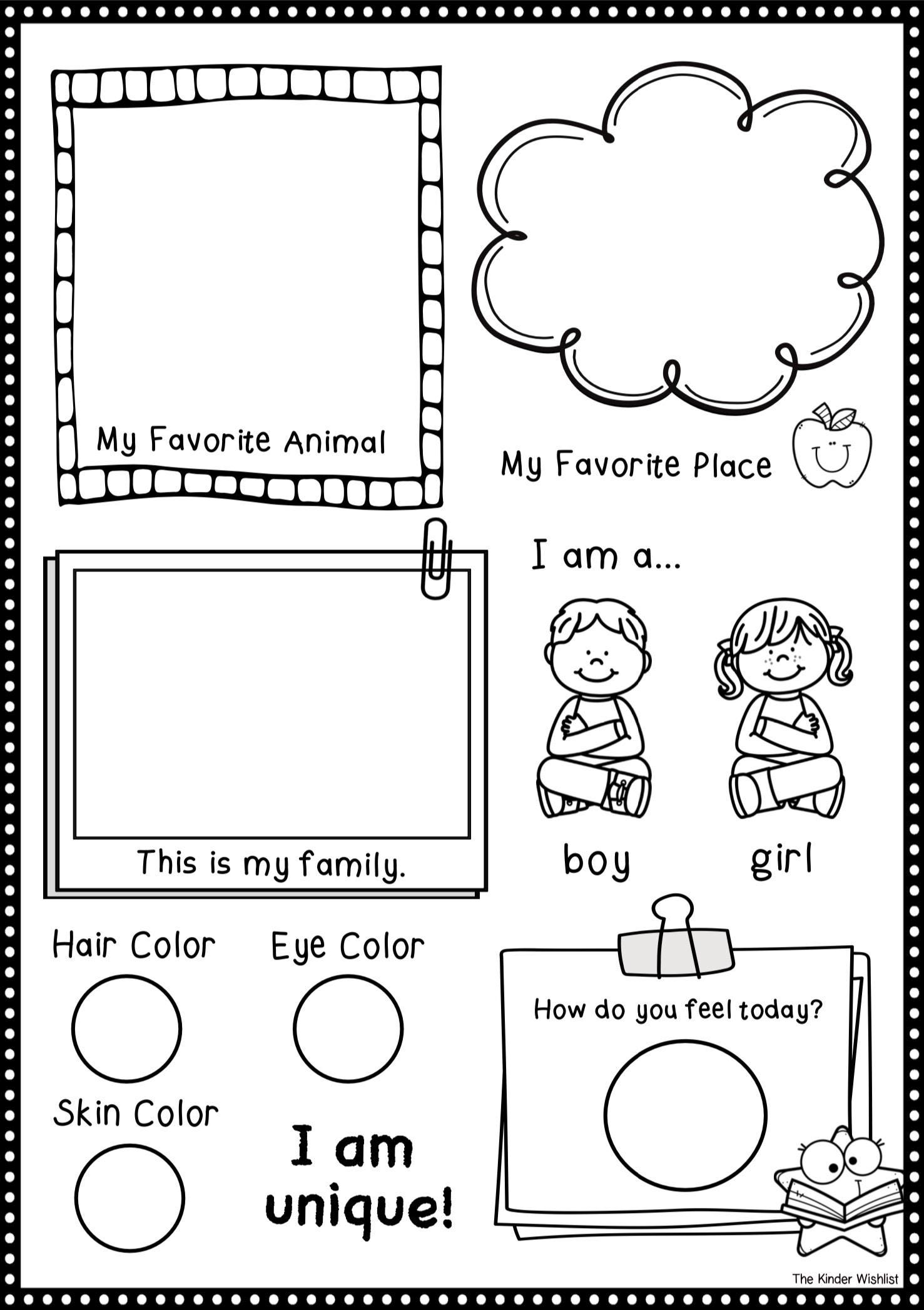 All About Me | Preschool Kindergarten Worksheets | First Day of School ...
