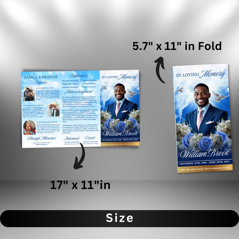 Blue Roses Funeral Program: Trifold Memorial Template (17x11 Canva ...