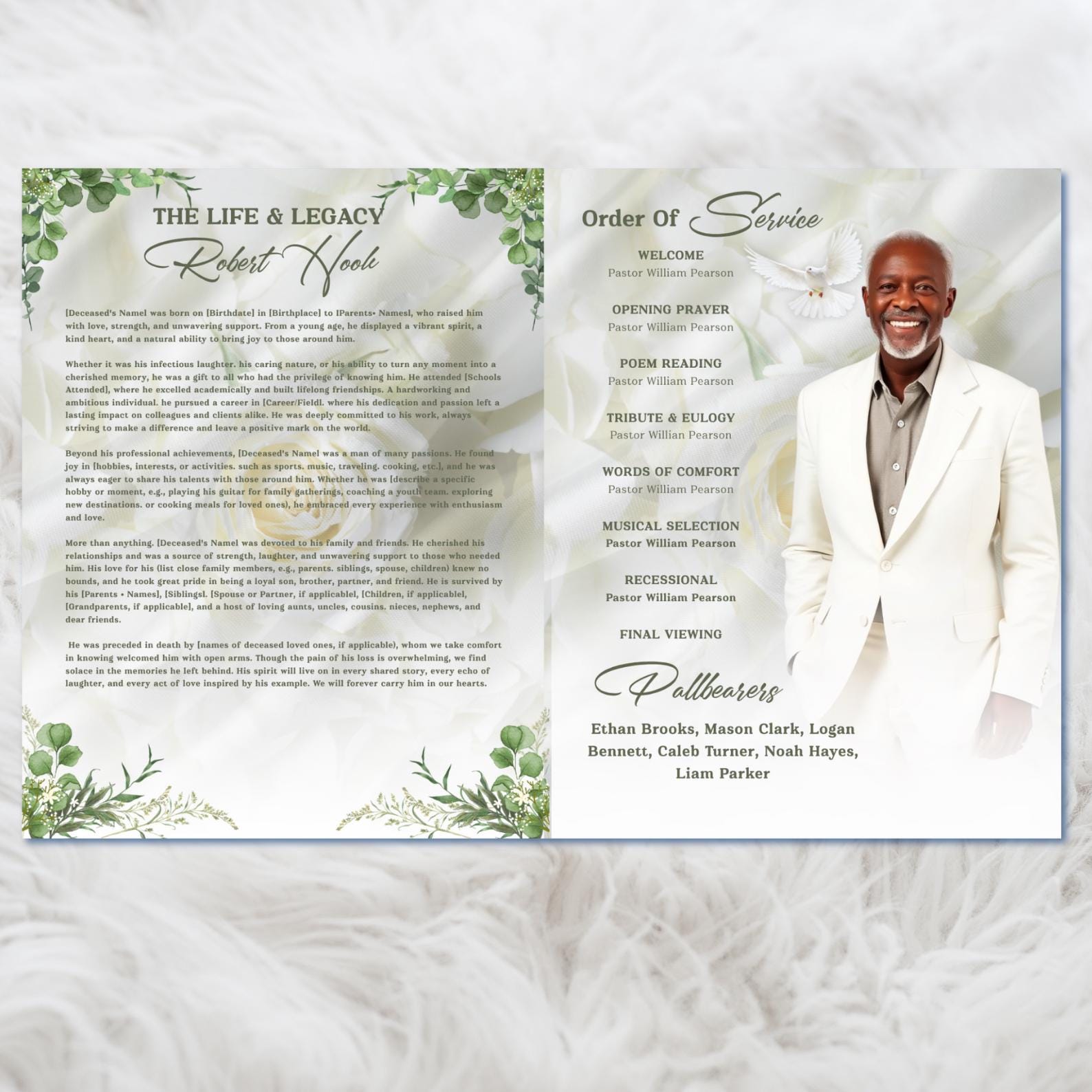 White & Green Funeral Program Template: Roses Design, Celebration of ...