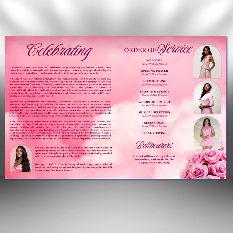 Pink Roses Funeral Program Template: 8-page Celebration of Life (canva ...