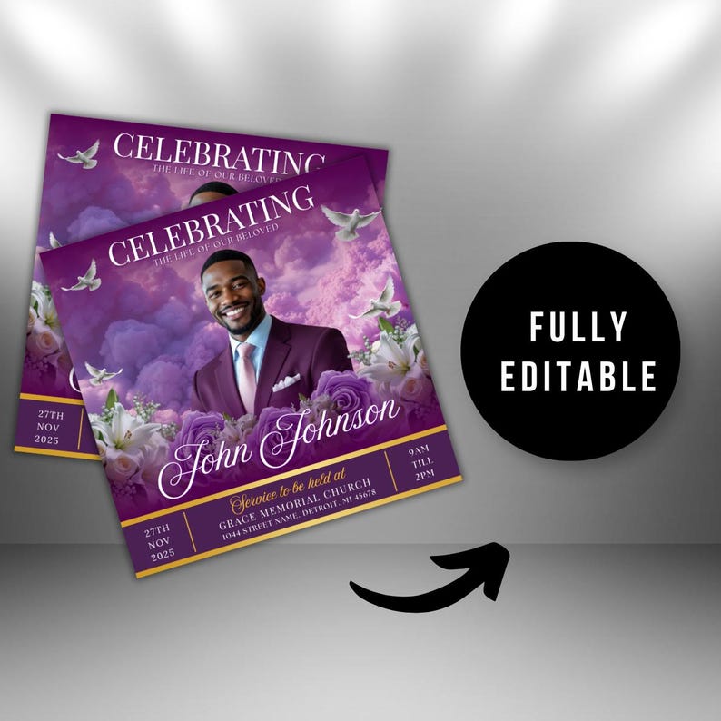 Purple Rose Funeral Announcement Flyer: Celebration of Life (canva ...