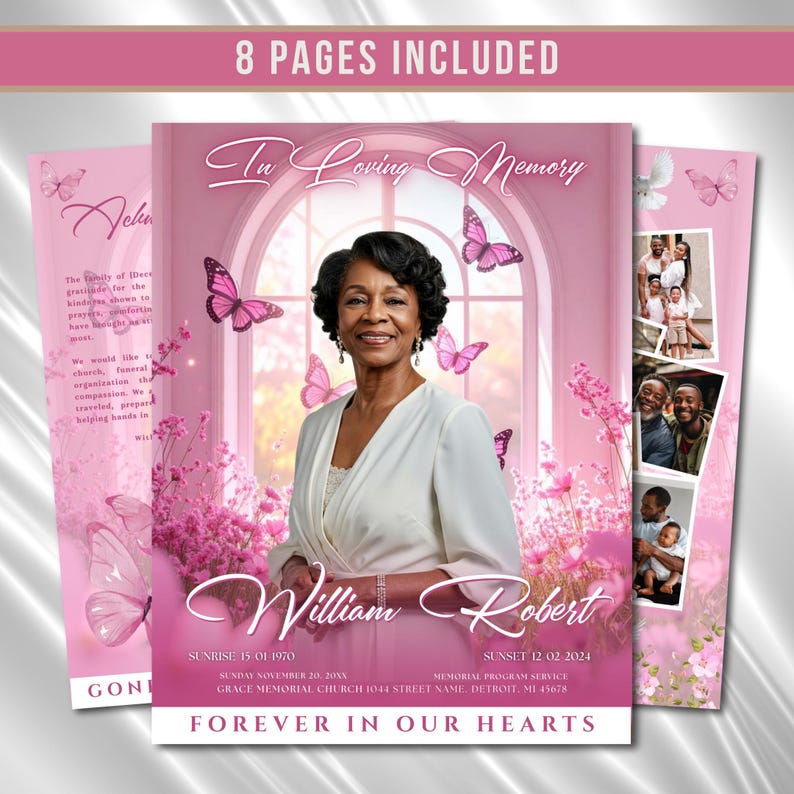Pink Funeral Program Template: 8-page Celebration of Life (canva, PDF ...