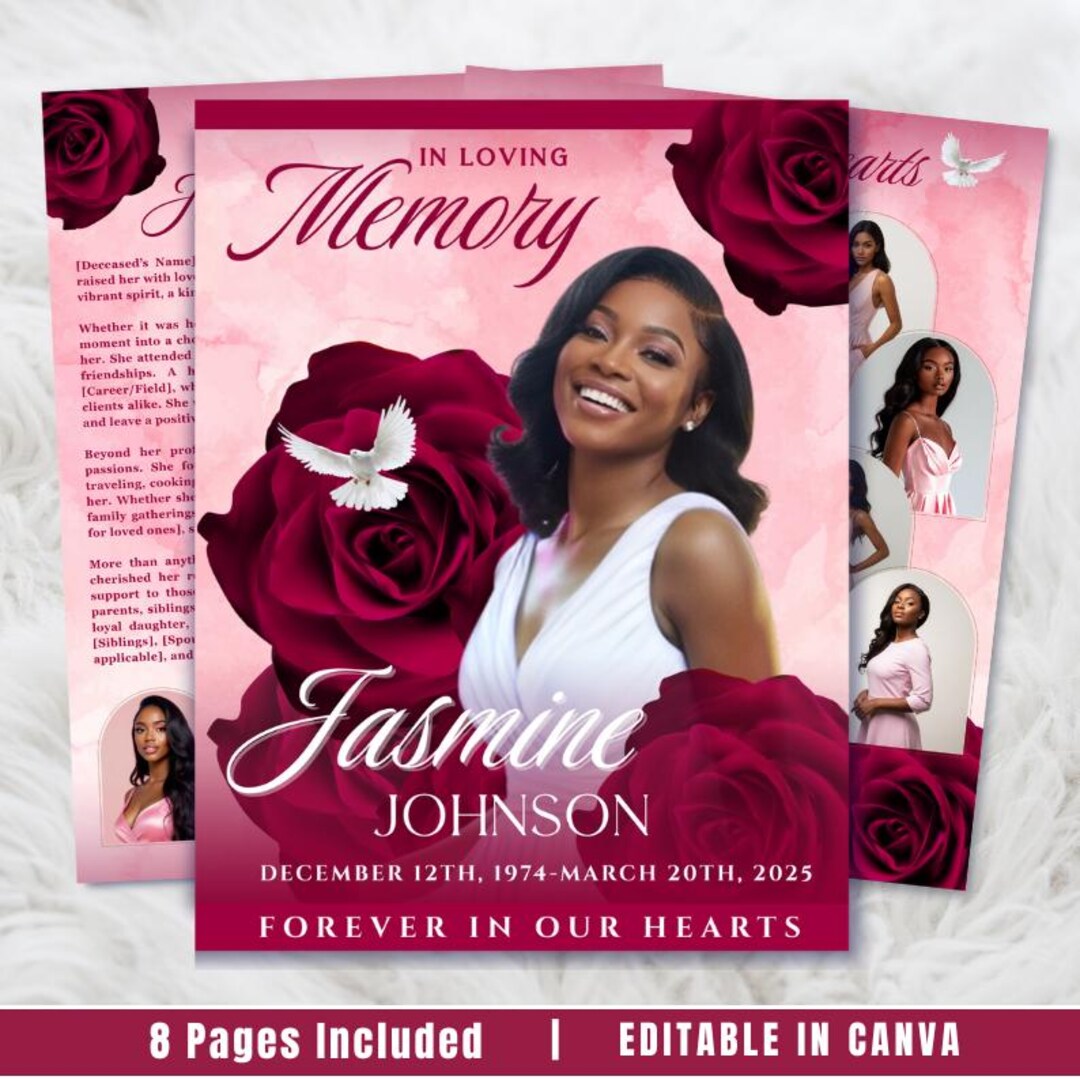 Red Roses Funeral Program Template: 8-page Memorial, Celebration of ...
