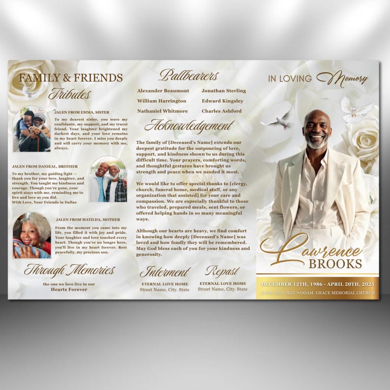White Roses Funeral Program: Trifold Memorial Template (17x11 Canva ...