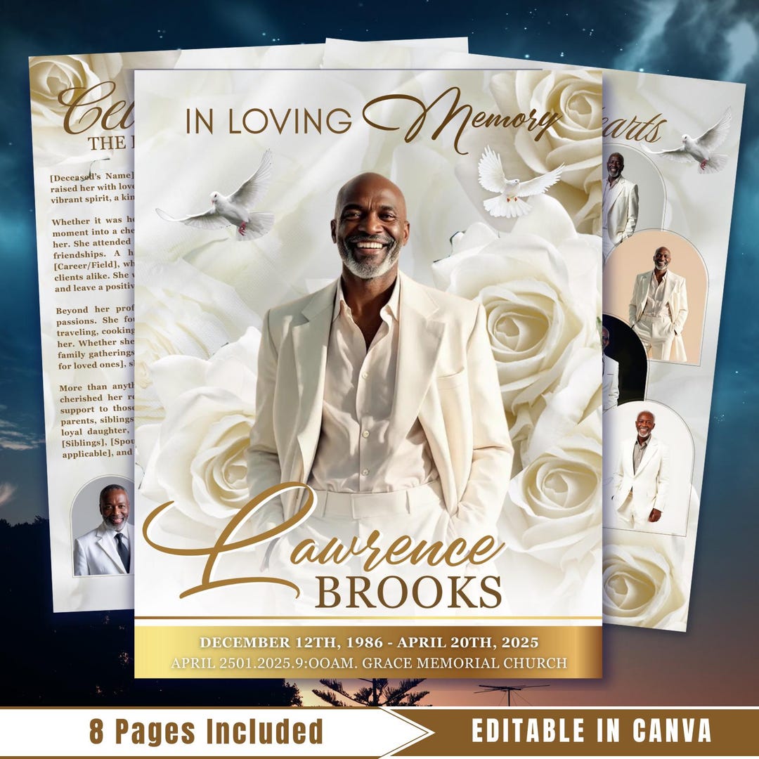 White Roses Funeral Program Template: 8-page Memorial, Celebration of ...